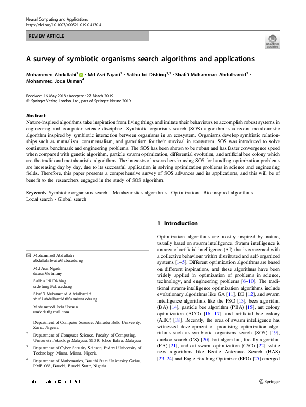 (PDF) A survey of symbiotic organisms search algorithms and applications