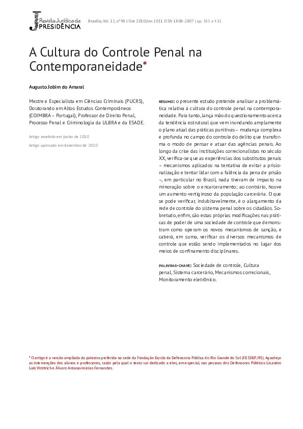 (PDF) A Cultura do Controle Penal na Contemporaneidade