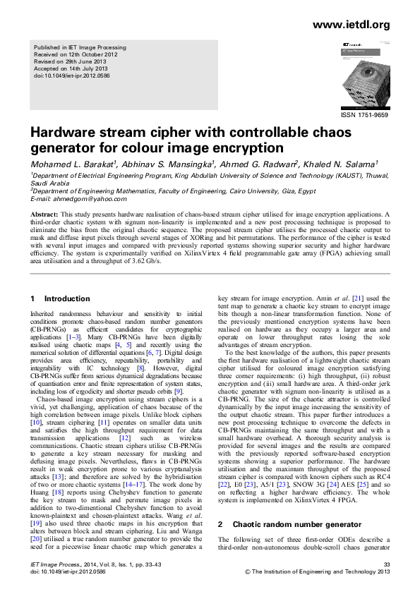 (PDF) Hardware stream cipher with controllable chaos generator for colour image encryption