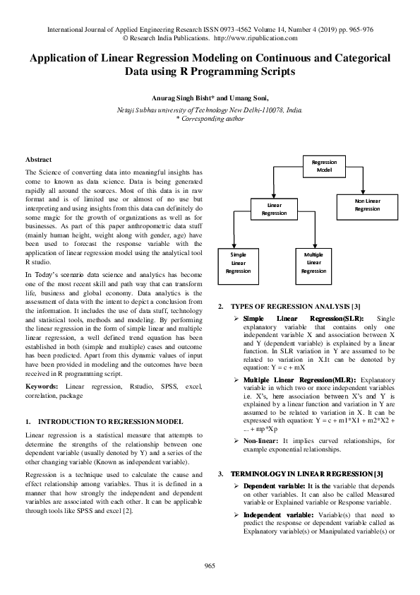 Pdf Application Of Linear Regression Modeling On Continuous And