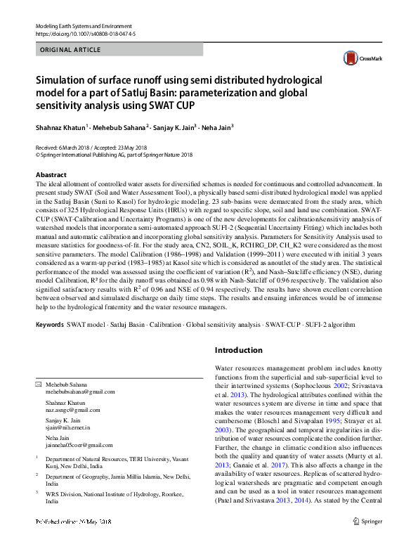 Pdf Simulation Of Surface Runoff Using Semi Distributed Hydrological Model For A Part Of
