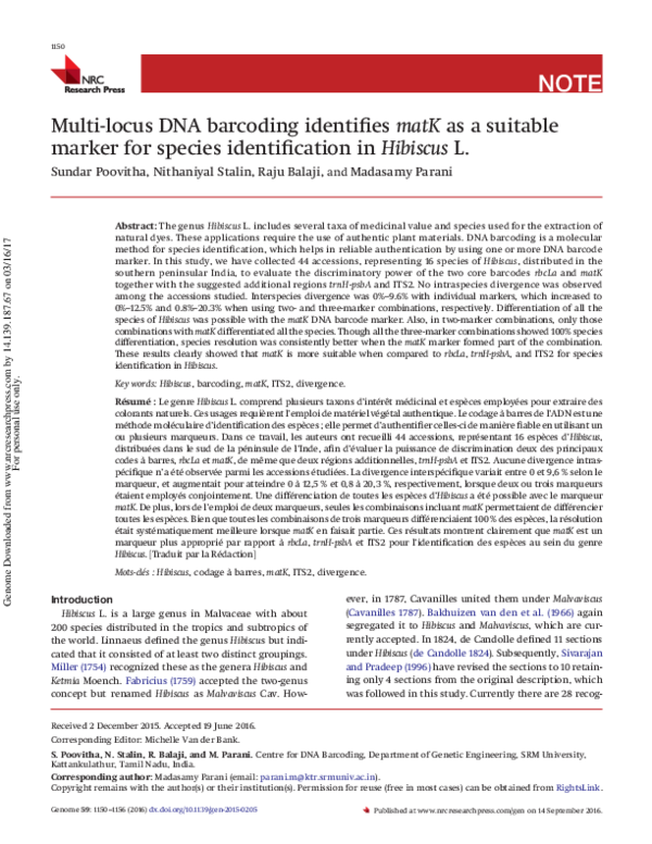(PDF) NOTE Multi-locus DNA barcoding identifies matK as a suitable ...