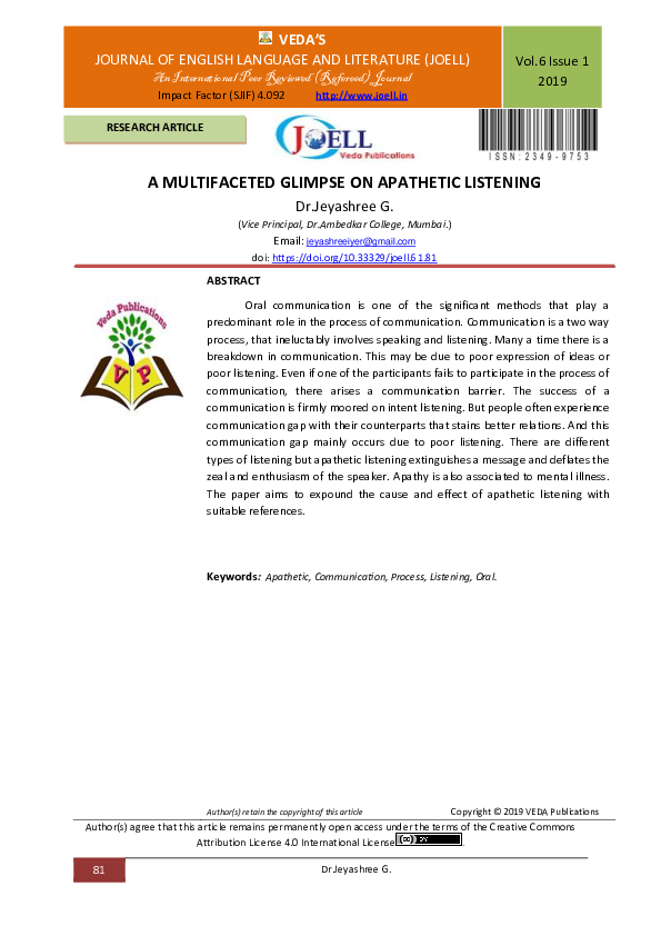 (PDF) A MULTIFACETED GLIMPSE ON APATHETIC LISTENING | VEDA'S JOURNAL OF ...