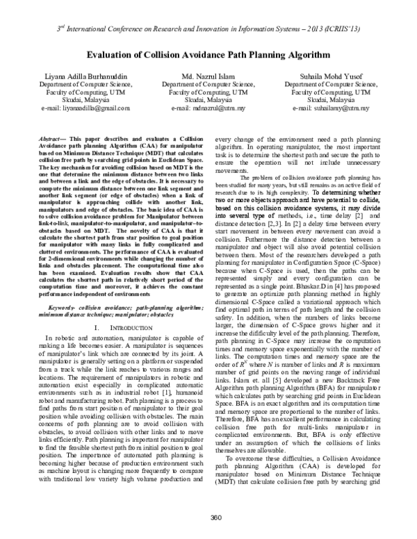 Pdf Evaluation Of Collision Avoidance Path Planning Algorithm