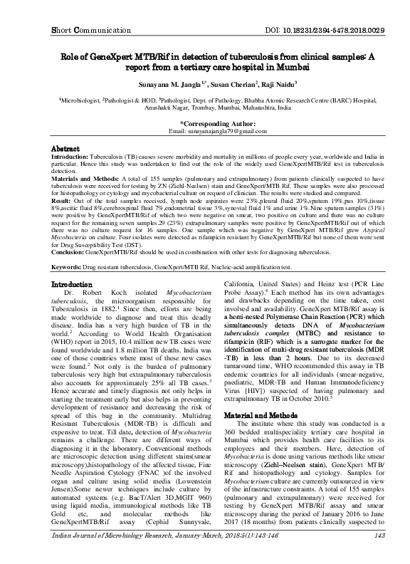 (PDF) Role of GeneXpert MTB/Rif in detection of tuberculosis from ...