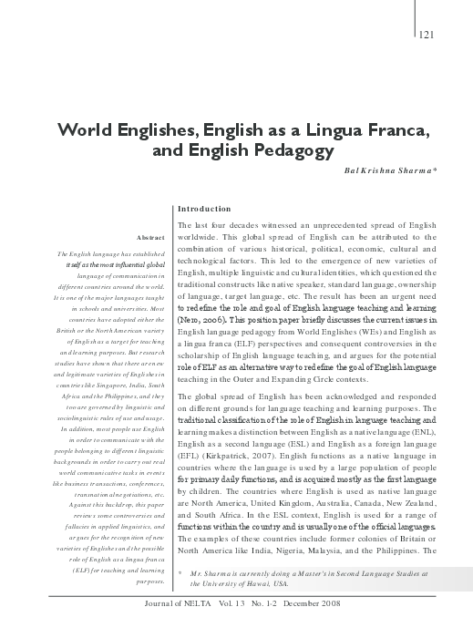 (PDF) World Englishes, English as a Lingua Franca, and English Pedagogy