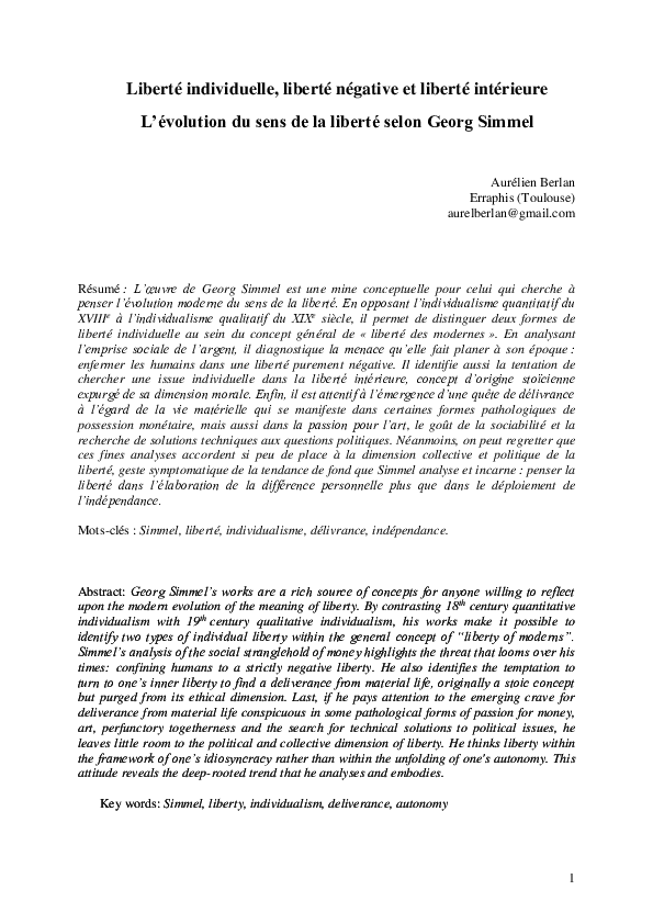 (DOC) Liberté individuelle, liberté négative et liberté intérieure. L ...