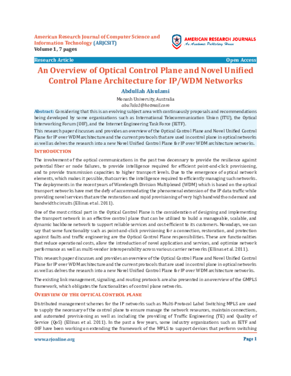 (PDF) An Overview of Optical Control Plane and Novel Unified Control Plane Architecture for IP ...