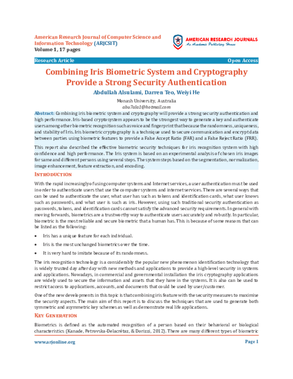 Pdf Combining Iris Biometric System And Cryptography Provide A Strong Security Authentication