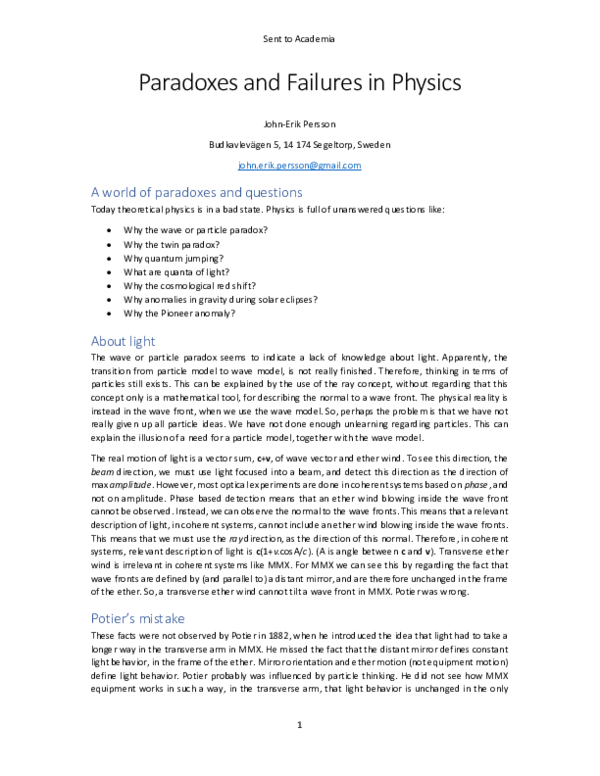 (PDF) Sent to Academia 1 Paradoxes and Failures in Physics