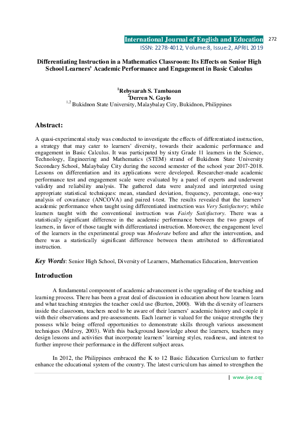 (PDF) Differentiating Instruction in a Mathematics Classroom: Its Effects on Senior High School ...