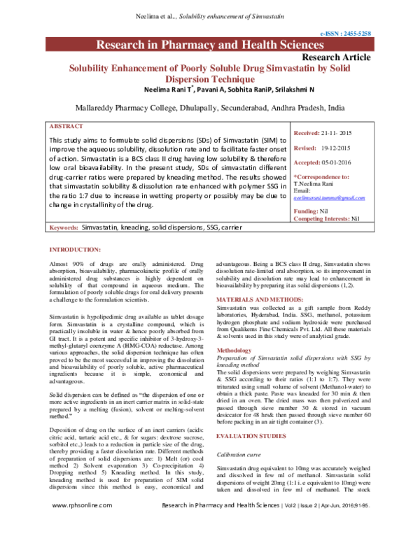Pdf Solubility Enhancement Of Poorly Soluble Drug Simvastatin By Solid Dispersion Technique