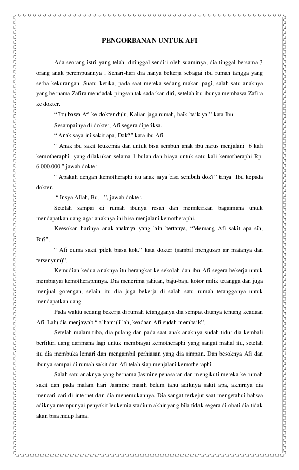 (DOC) CERPEN "PENGORBANAN SEORANG AFI" | yulia fida - Academia.edu