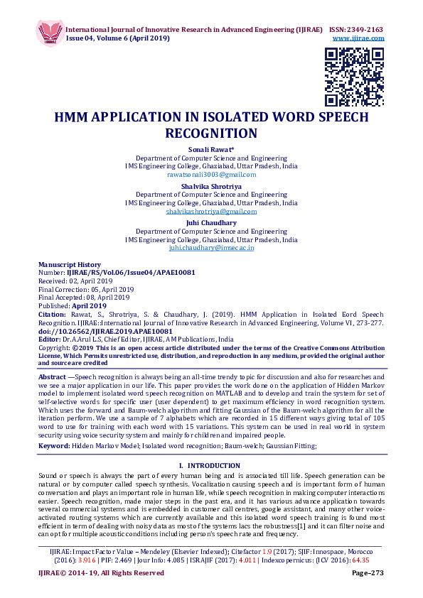 (PDF) HMM Application in Isolated Eord Speech Recognition