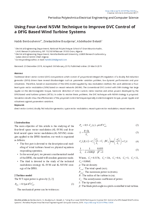 (PDF) Using Four-Level NSVM Technique to Improve DVC Control of a DFIG Based Wind Turbine Systems