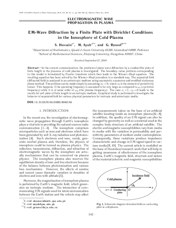 (PDF) ELECTROMAGNETIC WAVE PROPAGATION IN PLASMA EM-Wave Diffraction by ...