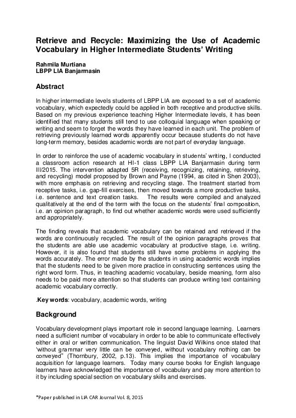 (PDF) Retrieve and Recycle: Maximizing the Use of Academic Vocabulary ...