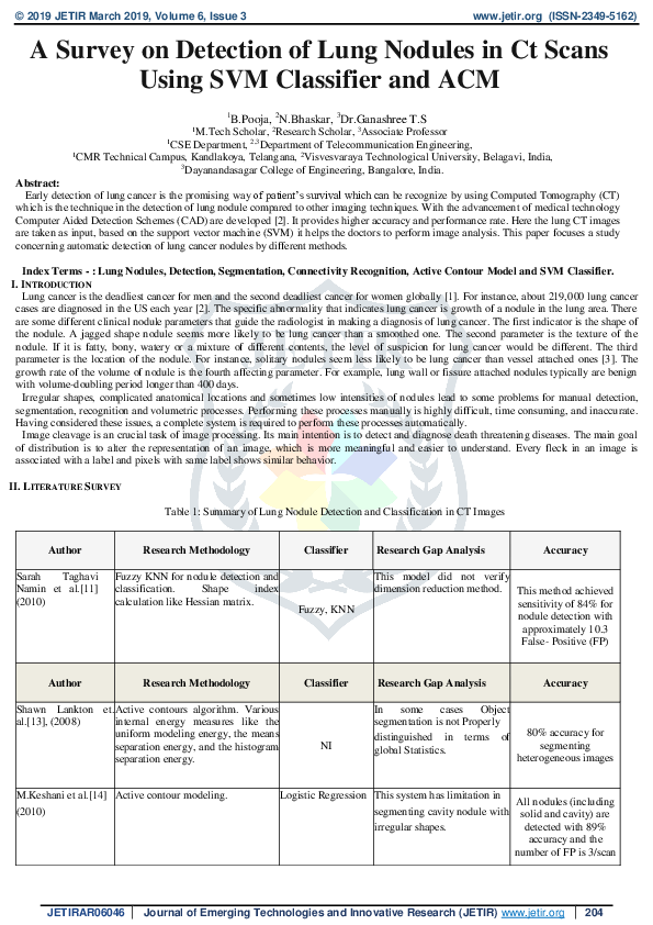 Pdf A Survey On Detection Of Lung Nodules In Ct Scans Using Svm Classifier And Acm