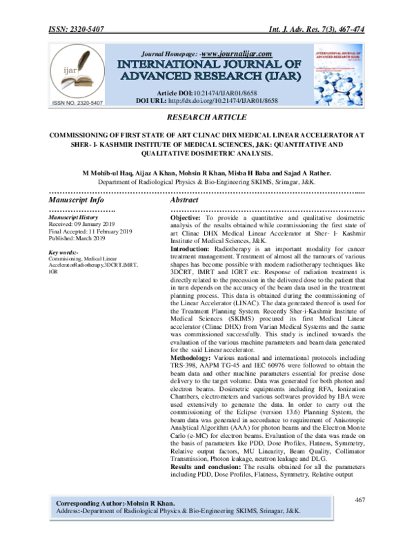 (PDF) COMMISSIONING OF FIRST STATE OF ART CLINAC DHX MEDICAL LINEAR ACCELERATOR AT SHER- I ...