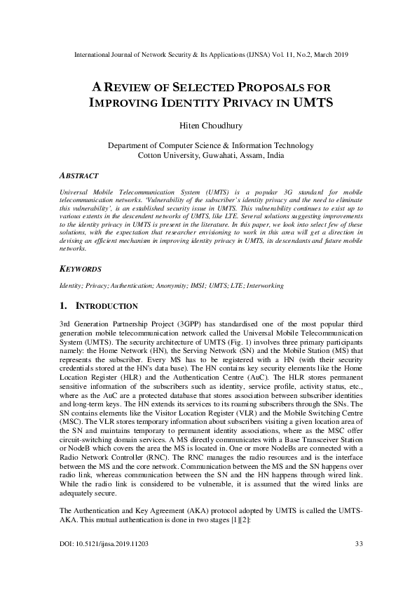 (PDF) A REVIEW OF SELECTED PROPOSALS FOR IMPROVING IDENTITY PRIVACY IN UMTS