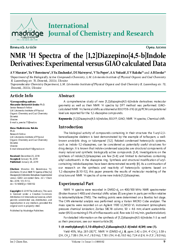 (PDF) NMR 1H Spectra of the [1,2]Diazepino[4,5-b]Indole Derivatives ...