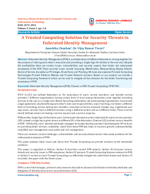 (PDF) A Trusted Computing Solution for Security Threats in Federated Identity Management