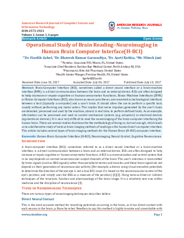 (PDF) Operational Study of Brain Reading–Neuroimaging in Human Brain ...