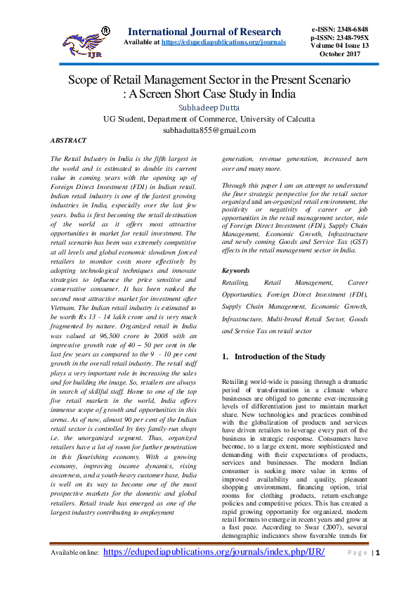 (PDF) Scope of Retail Management Sector in the Present Scenario : A ...