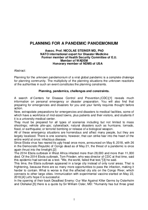 (PDF) PLANNING FOR A PANDEMIC PANDEMONIUM