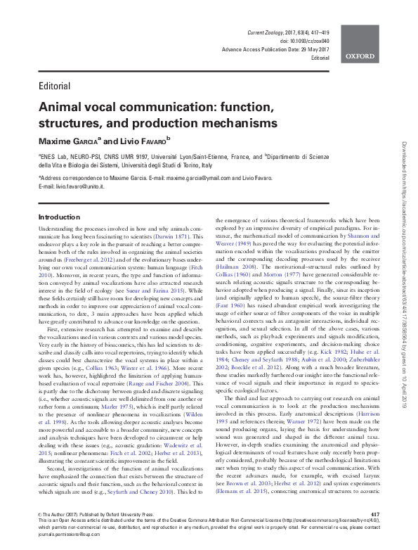 (PDF) Animal vocal communication: function, structures, and production ...