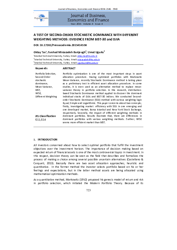 Pdf A Test Of Second Order Stochastic Dominance With Different Weighting Methods Evidence