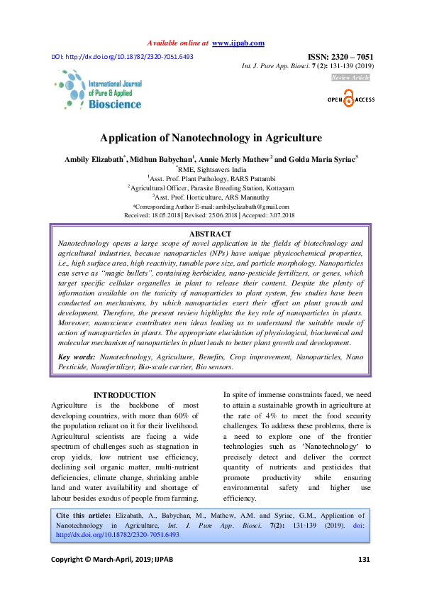 (PDF) Application of Nanotechnology in Agriculture
