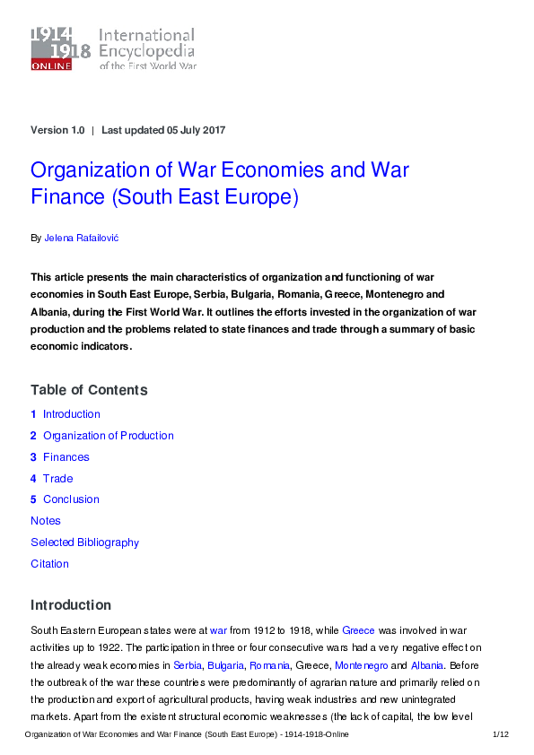 (PDF) Organization of War Economies and War Finance (South East Europe