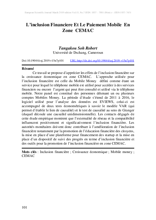 (PDF) L'inclusion Financiere Et Le Paiement Mobile En Zone CEMAC
