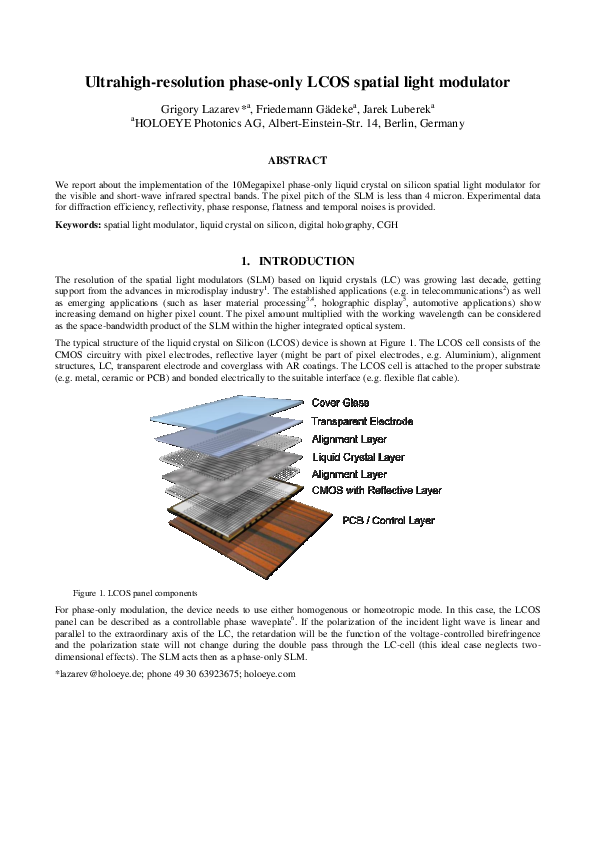 (PDF) Ultrahigh-resolution phase-only LCOS spatial light modulator