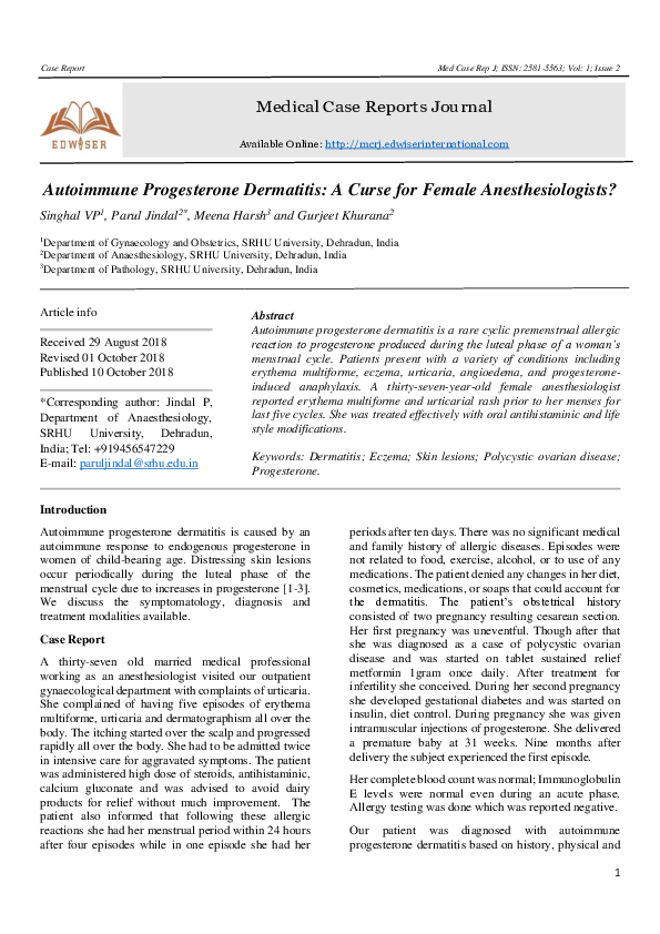 (PDF) Autoimmune Progesterone Dermatitis: A Curse for Female ...