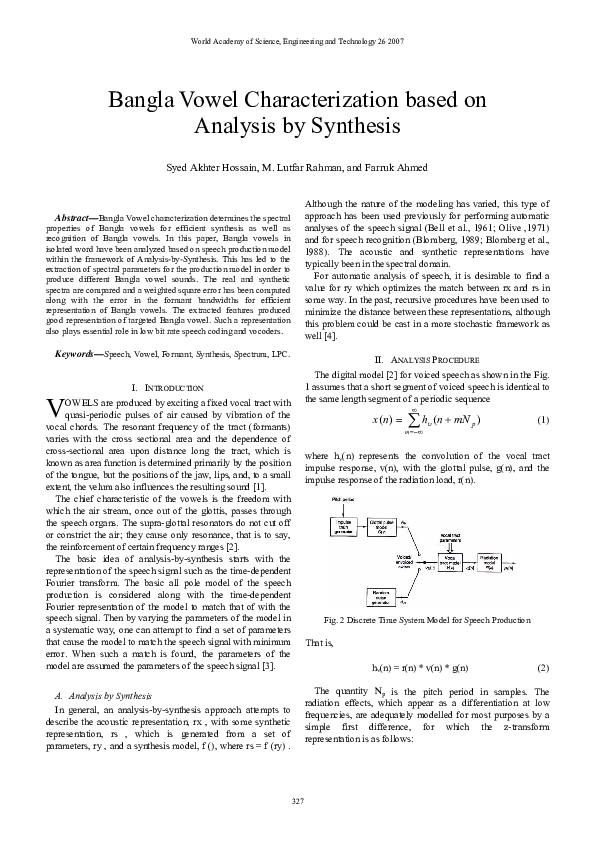 (PDF) Bangla Vowel Characterization based on Analysis by Synthesis
