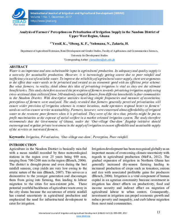 (PDF) Analysis of Farmers' Perceptions on Privatisation of Irrigation Supply in the Nandom ...