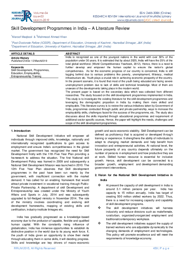 (PDF) Skill Development Programmes in India - A Literature Review