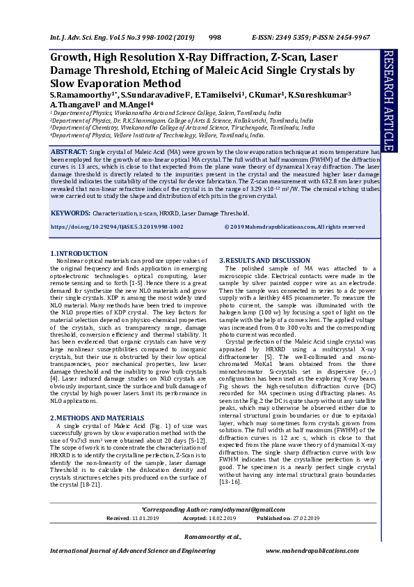 (PDF) Growth, High Resolution X-Ray Diffraction, Z-Scan, Laser Damage ...