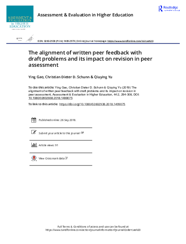 (PDF) Assessment & Evaluation in Higher Education The alignment of written peer feedback with ...