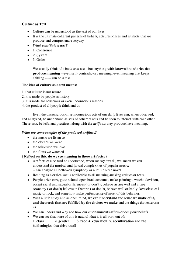 (DOC) Culture notes on THEORIES OF CULTURE