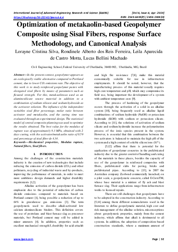 (PDF) Optimization of metakaolin-based Geopolymer Composite using Sisal Fibers, response Surface ...