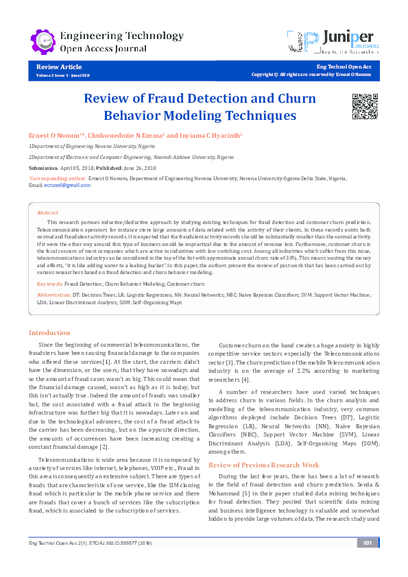 (PDF) Review of Fraud Detection and Churn Behavior Modeling Techniques