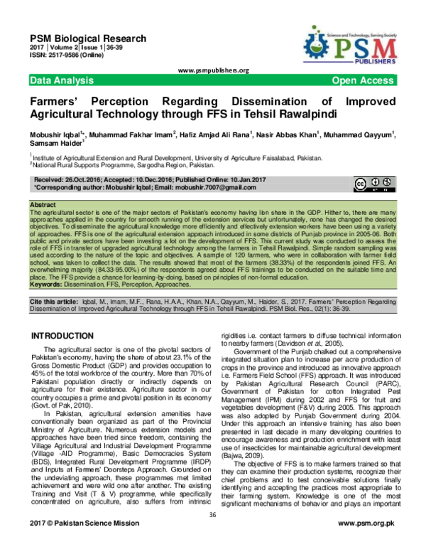 (PDF) Farmers' Perception Regarding Dissemination of Improved Agricultural Technology through ...