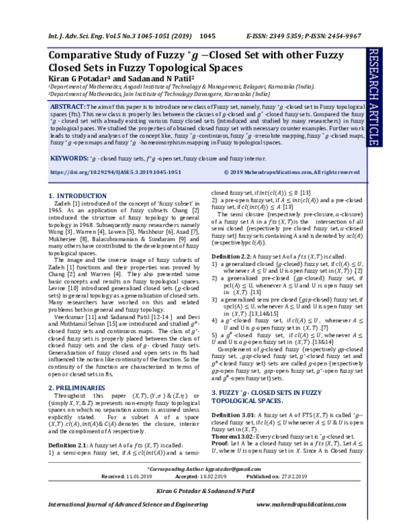 (PDF) Comparative Study of Fuzzy *g-Closed Set with other Fuzzy Closed Sets in Fuzzy Topological ...