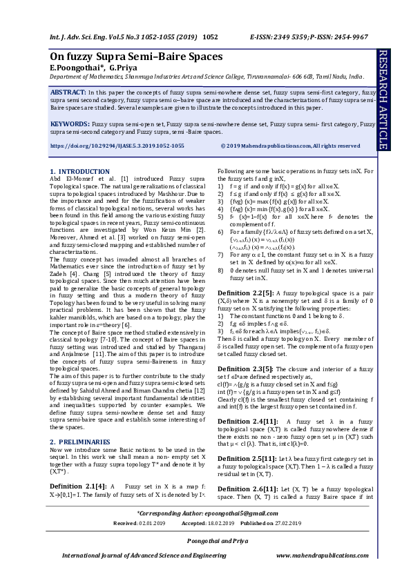 (PDF) On fuzzy Supra Semi-Baire Spaces