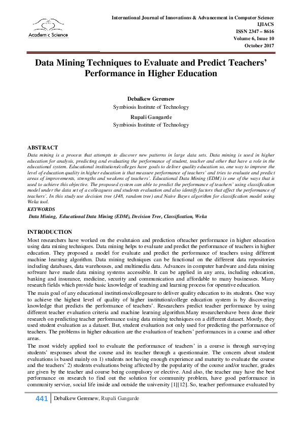 (PDF) Data Mining Techniques to Evaluate and Predict Teachers' Performance in Higher Education