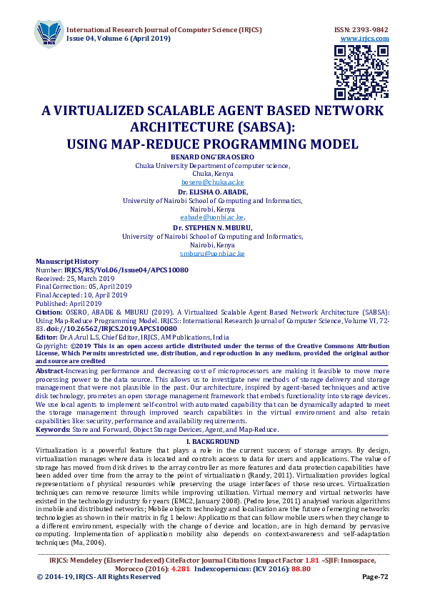 Pdf A Virtualized Scalable Agent Based Network Architecture Sabsa Using Map Reduce