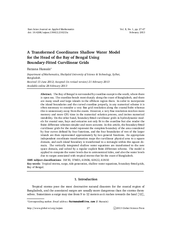 Pdf A Transformed Coordinates Shallow Water Model For The Head Of The Bay Of Bengal Using